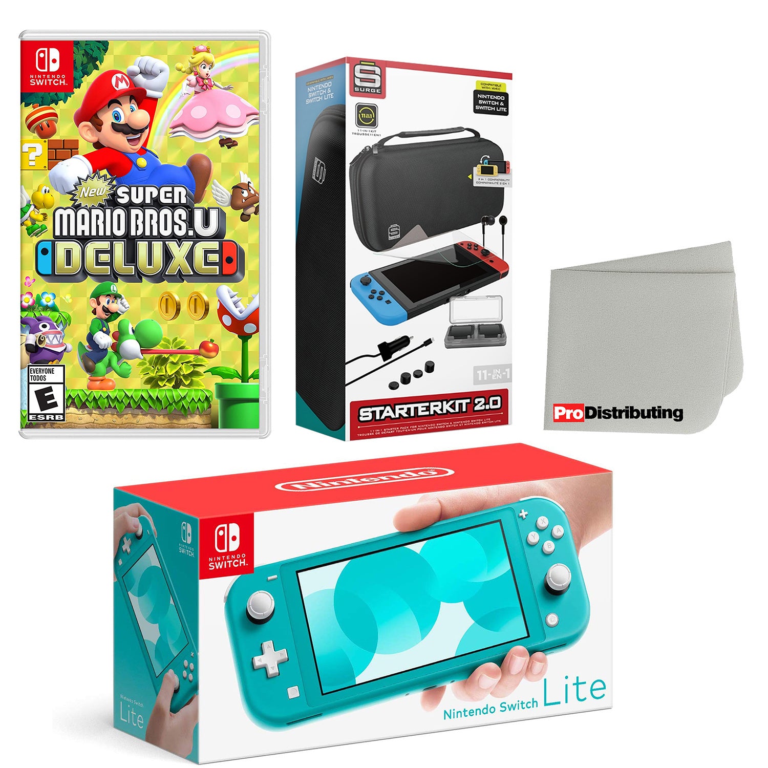 Nintendo Switch Lite Console Turquoise with New Super Mario Bros. U Deluxe Accessory Starter Kit and Screen Cleaning Cloth Bundle freeshipping Pro Distributing
